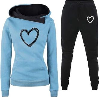 Generic Ensemble de survêtement à manches longues pour femme avec imprimé battements de coeur en polaire, sweat à capuche et pantalon de jogging coupe ajustée