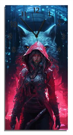 Wallario Design-Wanduhr, Acrylglasuhr Größe 30 x 60 cm, Schwarze Zeiger, Motiv Schattenwolf und Kriegerin