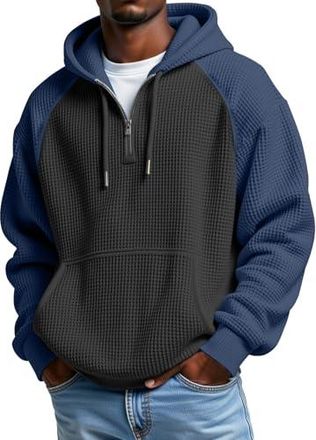 Generic Sweat &agrave; capuche pour homme - Motif gaufr&eacute; - Manches longues - Avec fermeture &eacute;clair 1/4 - Confortable - Pull en tricot d&eacute;contract&eacute; - Printemps - Autom