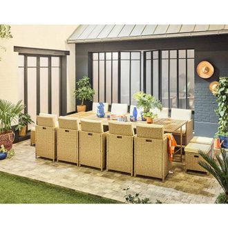 Best Mobilier Cuba - gartenm&ouml;bel - ineinanderschiebbar aus geflochtenem harz beige - 14 pl&auml;tze - beige kissen - beige