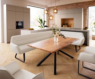 DELIFE Esszimmerbank Taya-Flex 285x190 cm Boucl&eacute; Creme-Wei&szlig; Kufengestell flach Schwarz Taschenfederkern Links, B&auml;nke