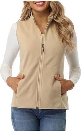 Generic Vestes pour femmes 2026 Veste polaire douce sans manches coupe classique avec poches zipp&eacute;es Fermeture &eacute;clair int&eacute;grale, kaki, XL