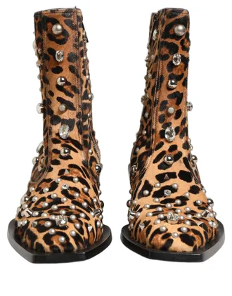 Dolce & Gabbana Brown Leopard Embellished Mid Calf Men Boots Shoes Leather