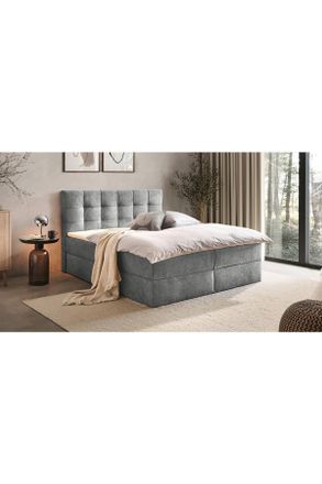 Boxxx Boxbett, Grau, Textil, H3, H&ouml;he ca. 25 cm, 160x200 cm, Bettkasten, gepolstertes Kopfteil, Topper durchgehend, in verschiedenen Gr&ouml;&szlig;en erh&auml;ltlich, Matr