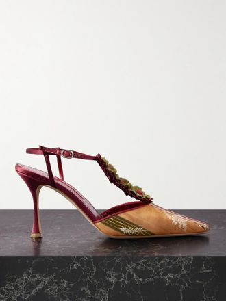 Manolo Blahnik Hebes 90 Pumps Aus Jacquard Aus Einer Seiden-leinenmischung Mit Applikationen - Orange