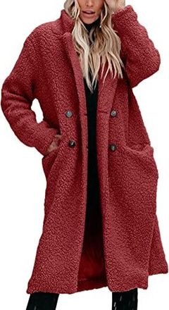 Onsoyours Longue Manteau en Teddy Fourrure Col &agrave; Revers Manches Longues Mode Hiver Femme Peluche Vestes Blouson Trench Outwear A Rouge XXL
