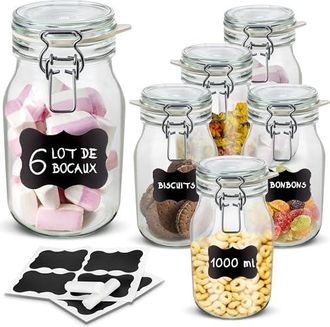 Creative Home Lot de 6 Bocaux en Verre 1L | Bocal en Verre avec Couvercle Herm&eacute;tique | Boite conservation alimentaire | Boite Rangement Cuisine | Pot a epices | Inc