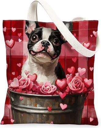 Generic Sac fourre-tout en toile motif terrier de Boston pour faire du shopping, 33 x 38,1 cm, sac &agrave; bandouli&egrave;re r&eacute;utilisable pour femme, peinture danimaux do