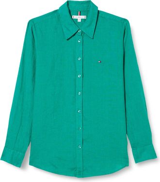 Tommy Hilfiger Damen Bluse Leinen Relaxed Shirt Hemdbluse, Grün (Olympic Green), 38
