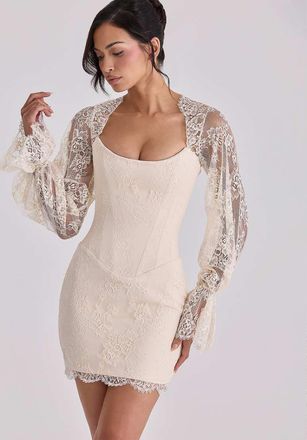 House of CB Aliana - Robe corset courte &agrave; manches longues en dentelle vintage - Ivoire-Blanc