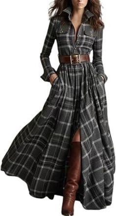 Generic Robe Chemisier &agrave; Carreaux pour Femme avec Poches, boutonni&egrave;re, Manches Longues, Robe Longue &eacute;cossaise, &eacute;l&eacute;gante pour Le Bureau, d&eacute;contract&eacute;e