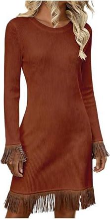Generic Robe tunique d&eacute;contract&eacute;e en tricot &agrave; manches longues pour femme - Col rond - Ourlet &agrave; franges - Style boh&egrave;me - Pour le printemps et l&eacute;t&eacute;, marron, S