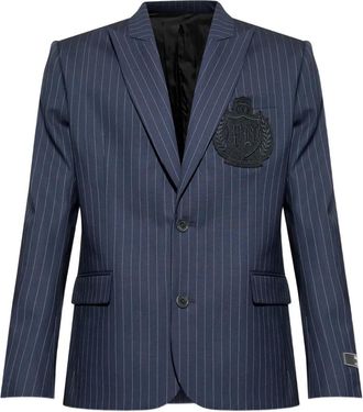 Balmain Nadelstreifen-Blazer mit Logo-Applikation - Blau