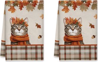 Generic Küchentücher mit Katzen-Illustration, ausgefallenes saisonales Herbstblätter, Karomuster, warmes Orange, Mikrofaser, Küchenzubehör, Urlaubsdekoration,