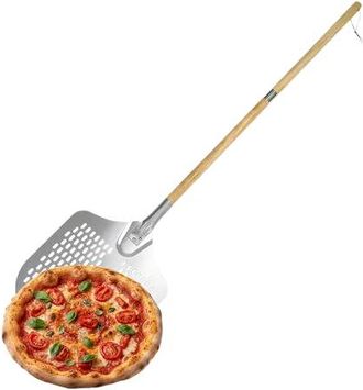 Relaxdays Pizzaschieber, perforiert, Abnehmbarer Holzgriff, 132 cm L&auml;nge, Pizzaschaufel, Aluminium & Edelstahl, Silber