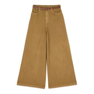 Oltre Femme, Pantalons, Vert, Taille: 46 FR Pantalon Large en Coton Teint en Pi&egrave;ce