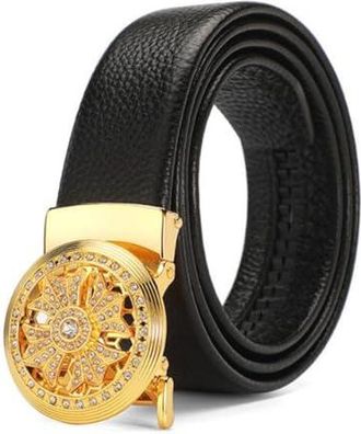 Generic Ceinture &agrave; cliquet en cuir pour hommes, ceinture r&eacute;glable avec boucle en m&eacute;tal pour hommes (Or - transport, 130 CM)