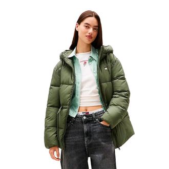 Tommy Jeans Damen TJW Hooded Midi Pufferjacke DW0DW21626, Gr&uuml;n, Gr&ouml;&szlig;e S, Gr&uuml;n (Zinngr&uuml;n), S