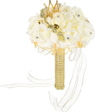 NUOBESTY Hochzeitsstrau&szlig; K&uuml;nstlicher Brautjungfernstrau&szlig; mit Krone aus Seide und Strass Goldfarbener Brautstrau&szlig; f&uuml;r Hochzeit Dekoration und Feier