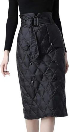 Lazutom Jupe dhiver matelass&eacute;e chaude pour femme - Taille haute - Moulante - Avec ceinture, Noir, 32