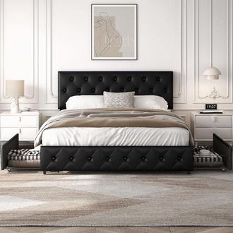 Yaheetech Lit Double rembourr&eacute; avec tiroirs et Rangement avec Supports &agrave; Lattes en Bois, t&ecirc;te de lit r&eacute;glable en Hauteur avec Rivets &agrave; Point de Tension Noir (16