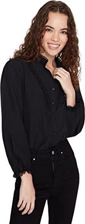 Trendyol Chemise tissée à col Mandarine Standard pour Femme Grande Taille, Noir, 66
