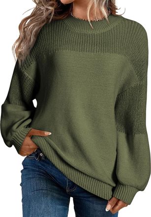 Dokotoo Damen Pullover Elegant Rundhals Puffärmel Strickpullover Einfarbig Lose Oberteile Herbst Winterpullover Pulli, grün, S
