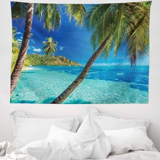 Abakuhaus Tropisch Wandteppich, Palmen, Meer, Strand aus Weiches Mikrofaser Stoff Waschbar ohne Verblassen Digitaldruck, 150 x 110 cm,Türkis Blau
