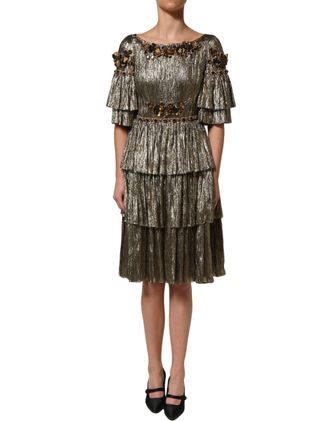 Dolce & Gabbana Womens Metallic Gold Embellished Tiered Midi Dress