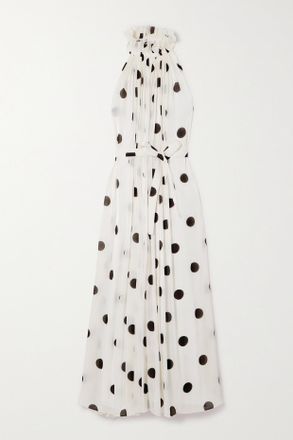 Halpern R&uuml;ckenfreies Neckholder-midikleid Aus Krepon Mit Polka-dots, R&uuml;schen Und Bindeg&uuml;rtel - Wei&szlig;