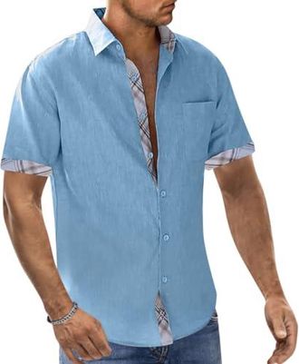 Onsoyours Chemise Homme à Carreaux Manche Courte Coton Lin avec Poche Poitrine Chemise Décontractée Classique Chemisette Homme Lin Chemise Bouton Homme Blouse A