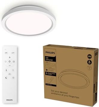 Philips LED-Deckenleuchte mit Fernbedienung, rund, 30 cm, dimmbar, Tunable White, Wohnzimmer, Schlafzimmer, kein Flimmern oder Blenden, modernes Design, weiß,