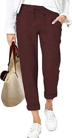 ORANDESIGNE Femme Été Décontractée Coton Lin Ample Pantalon Léger Cordon Élastique Solide Couleur Pantacourt Sport Pants 7/8 Longueur Pants A Vin Rouge M