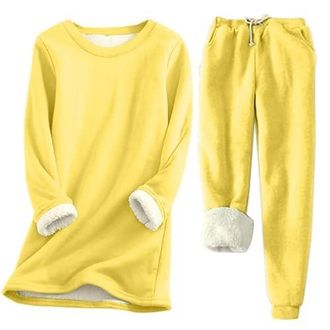 Generic Ensemble de pyjama en polaire pour femme - Tenue dhiver deux pi&egrave;ces thermique doubl&eacute;e Sherpa confortable, jaune clair, XXL