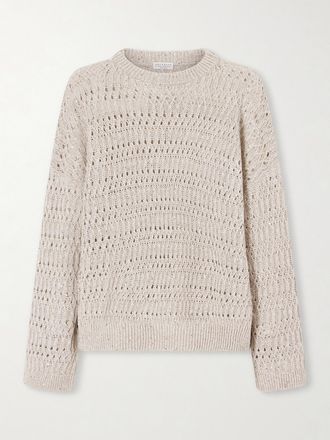 Brunello Cucinelli Pullover Aus Einer Leinenmischung In Lochstrick Mit Pailletten - Neutral