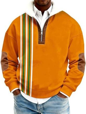 Generic Sweat-shirt &agrave; manches longues pour homme &agrave; rayures avec col montant et demi-fermeture &eacute;clair - Pull classique l&eacute;ger - Chemises amples et douces - Cost