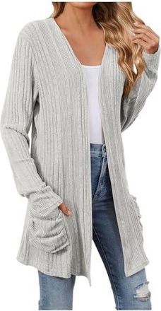 Generic Cardigan dhiver mi-long pour femme 2024 automne 2026 d&eacute;contract&eacute; &agrave; manches et col en tricot avec poche, gris, XL