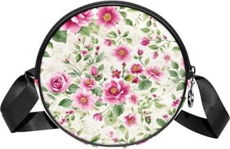 Generic Petit sac &agrave; bandouli&egrave;re circulaire pour femme, motif feuilles florales, sac &agrave; dos avec fermeture &eacute;clair, bretelles r&eacute;glables, sac &agrave; main rond d&eacute;contra