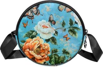 Generic Petit sac &agrave; bandouli&egrave;re circulaire pour femme, motif papillons et fleurs, sac &agrave; dos &agrave; bandouli&egrave;re r&eacute;glable avec fermeture &eacute;clair, sac &agrave; main rond d&eacute;co