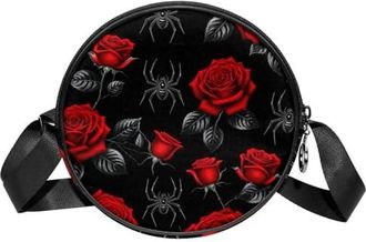 Generic Sac &agrave; bandouli&egrave;re rond pour femme, motif roses araign&eacute;es, petit sac &agrave; dos &agrave; bandouli&egrave;re avec fermeture &eacute;clair, bretelles r&eacute;glables, sac &agrave; main rond d&eacute;