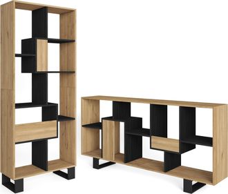 Skraut Home | Bücherregal Bibliothek | Bookshelf, Bookcase | 174x67x31cm | Industriedesign | Moderner Stil | Eiche und Schwarz