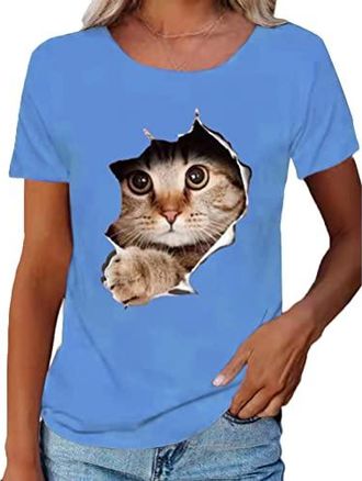 ORANDESIGNE T-Shirts à Manches Courtes Femme Chat 3D Tee Shirt Été Col Rond Tunique Ample Casual Décontracté Top Haut Motif Shirt C Bleu 3XL