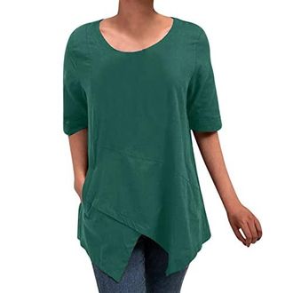 Generic Chemisiers d&eacute;t&eacute; pour femme - Grande taille - Manches quart - T-shirts en coton pour femme - Coupe ample - Chemise en lin boh&egrave;me ample - Haut blanc - H