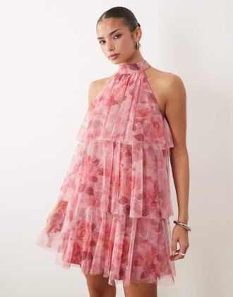 Lace & Beads Robe courte effet superpos&eacute; en tulle &agrave; col montant et imprim&eacute; roses - Rose fonc&eacute;-multicolore