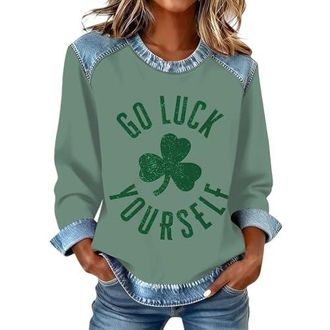Generic HUIFUAO Get Luck Yourself Sweat-shirt en jean pour femme Motif tr&egrave;fle amusant gaufr&eacute; Jean Surpiq&ucirc;re Tops Irlandais St Paddys Day Costumes Tr&egrave;fle Vert 