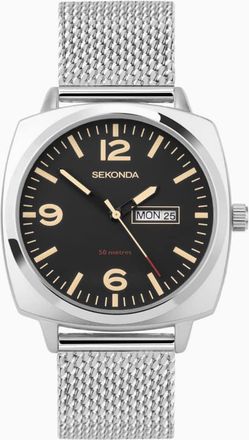 Sekonda Airborne - Herrenuhr mit schwarzem Zifferblatt mit 43 mm Durchmesser und Edelstahlarmband in Netzoptik
