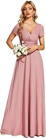 Ever-pretty Robe de Demoiselle dhonneur Élégante Longue Col V Manches Courtes A-Line Chic Rose Poussiéreuse 42