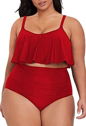 Pink Queen Ensemble tankini grande taille pour femme, 2 pièces, contrôle du ventre, grande taille, rouge, 3XL
