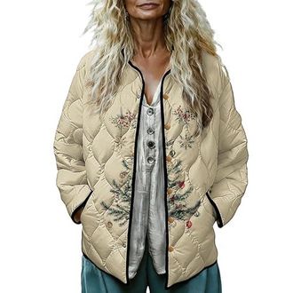 Generic Veste matelassée avec motif darbre de Noël imprimé graphique pour femme avec motif festif, veste rembourrée rétro boutonnée à col montant pour lhiver,