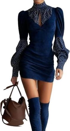 Generic Robe moulante en daim synth&eacute;tique marron &agrave; pois pour femme, coupe extensible, mini robe en daim synth&eacute;tique, bleu marine, XXL